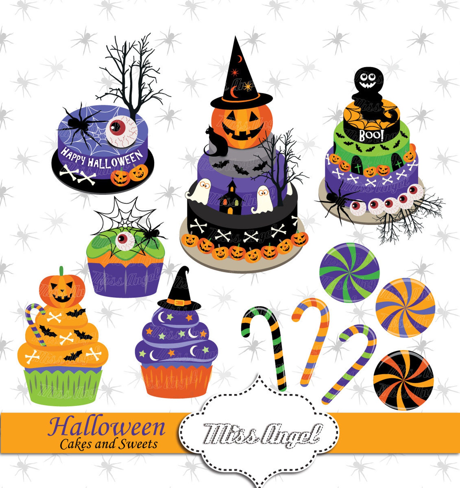Halloween Sweets. Cakes, Candy, Cupcakes Clip Art. Digital Halloween ...