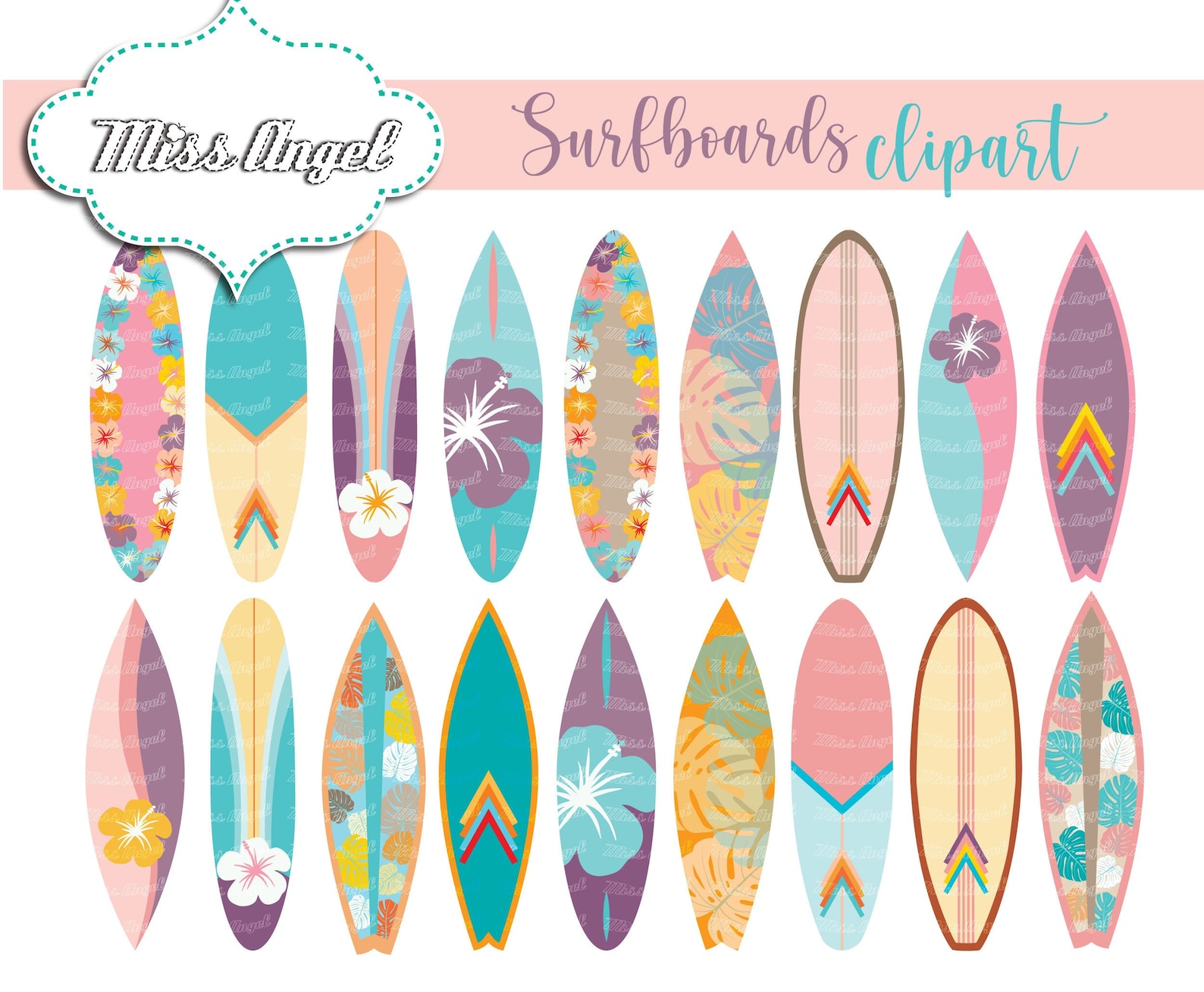 Hawaii Surfboards Clipart Set, 18 Digital Surf Boards. Printable Beach ...