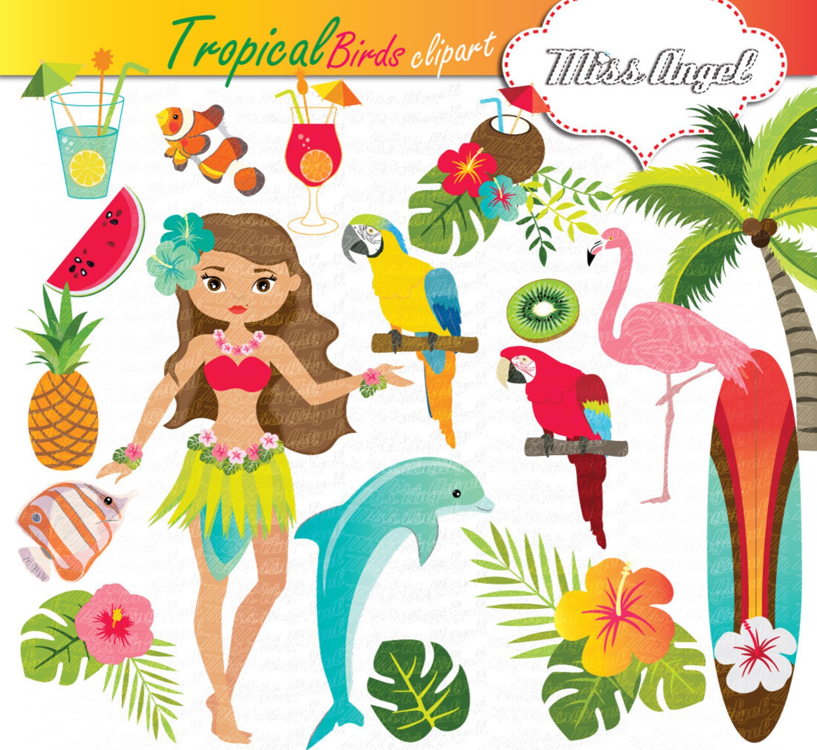 Tropical Hawaii Clipart. Surf Clipart. Summer Beach Clip Art. Mermaid ...