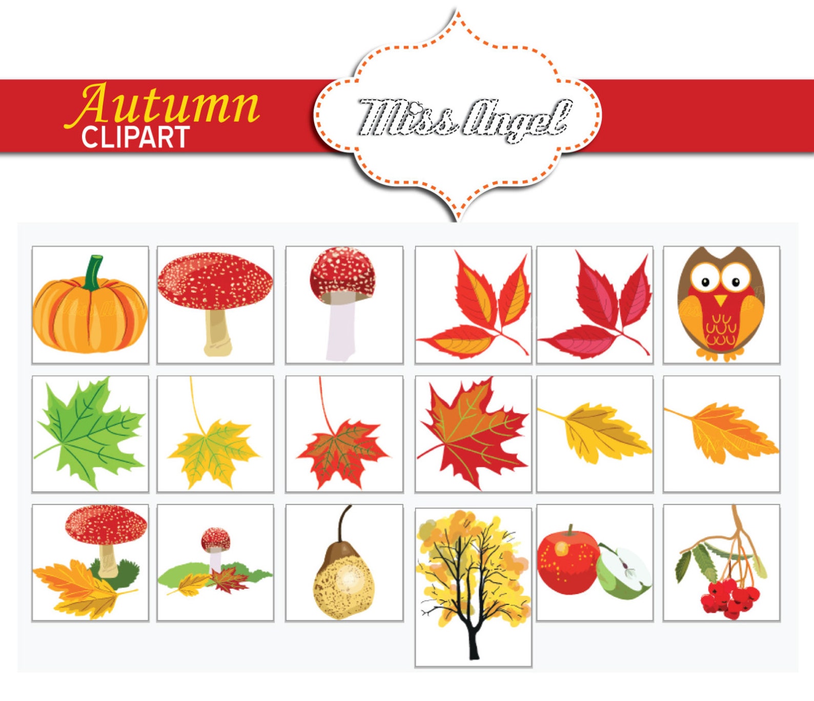 Autumn Clipart. Pumpkin, Mushrooms, Leaves, Tree, Berries, Pear, Owl ...