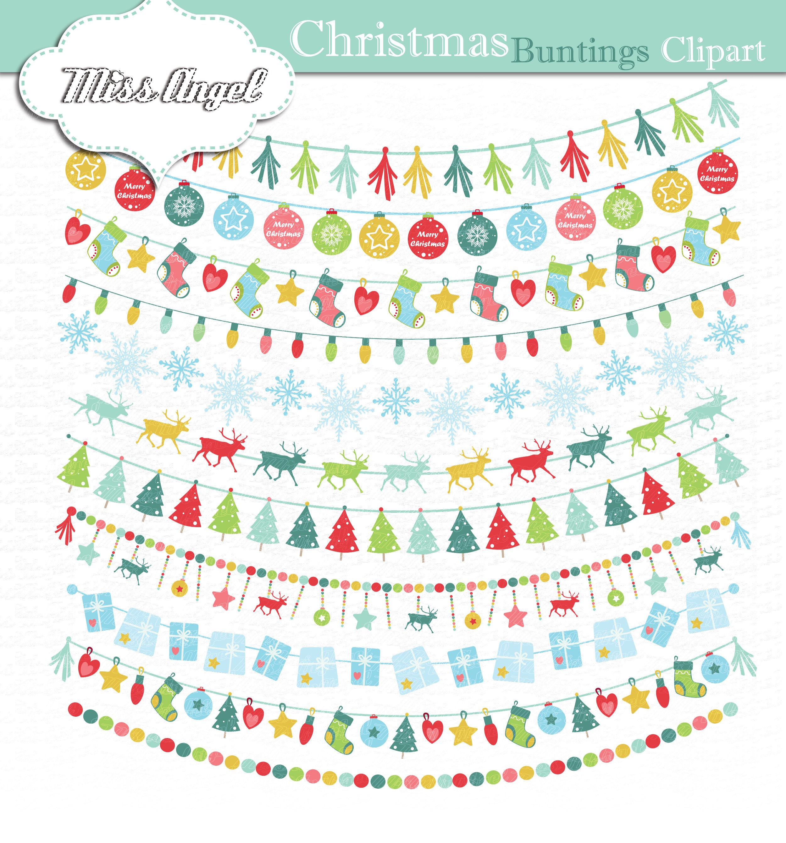 Digital Christmas Buntings Clipart. Red Green Blue. Small Commercial ...
