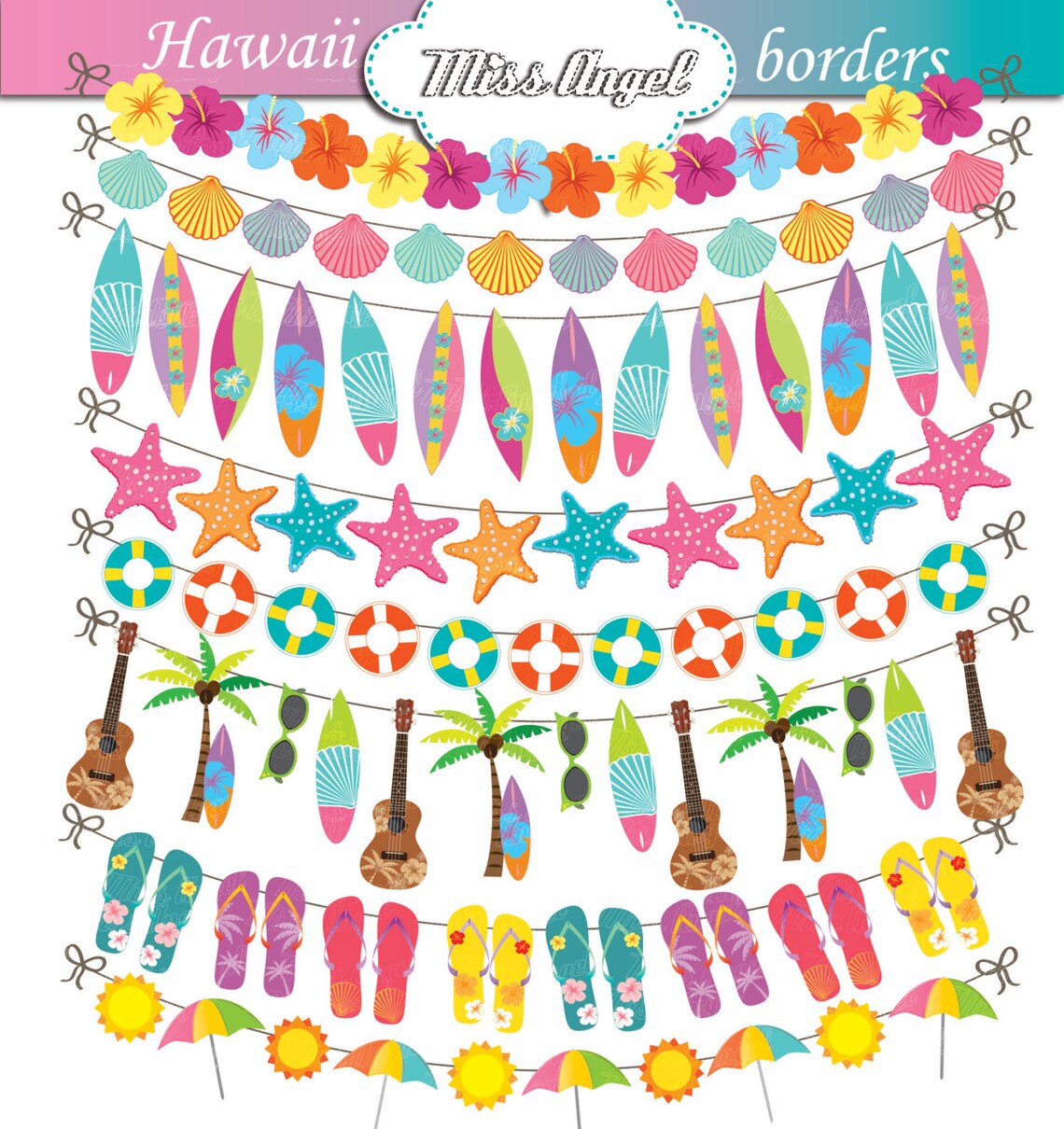 Hawaiian Bunting Banner, Borders Clip Art, Digital Ribbons Tropical ...