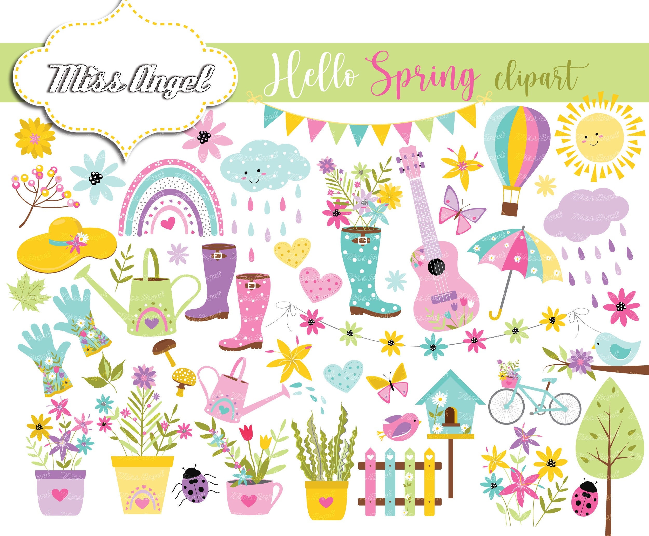 Colorful Spring Clipart Set. Cute Spring and Floral Clipart Bundle ...