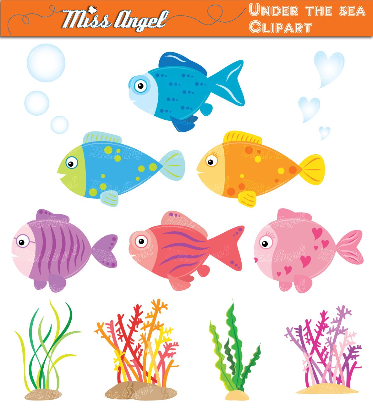 Under the Sea CLIPART SET. Fishes, Corals, Aquatic Plants. Cute Fish ...