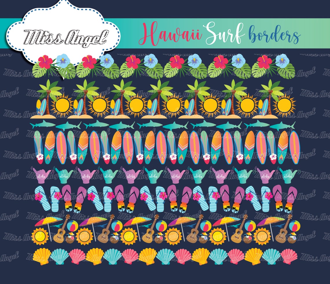 Hawaii Surf Borders Clipart. Summer Digital Ribbons, Tropical Surf ...