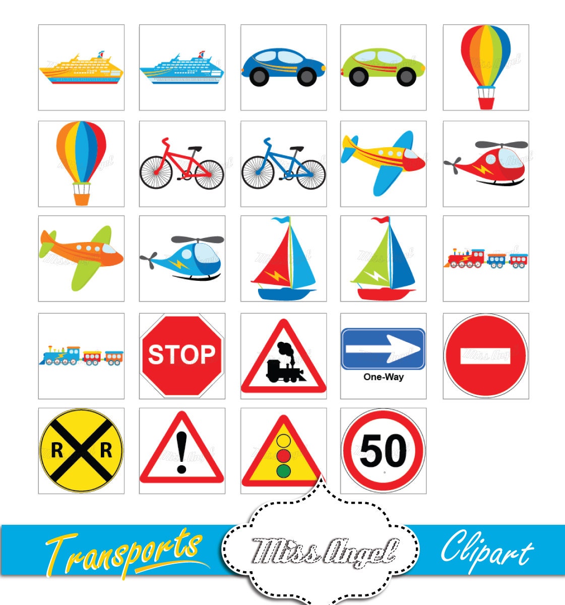 Transports and Signs Clipart. 24 Digital Car, Boat, Plane, Bike ...