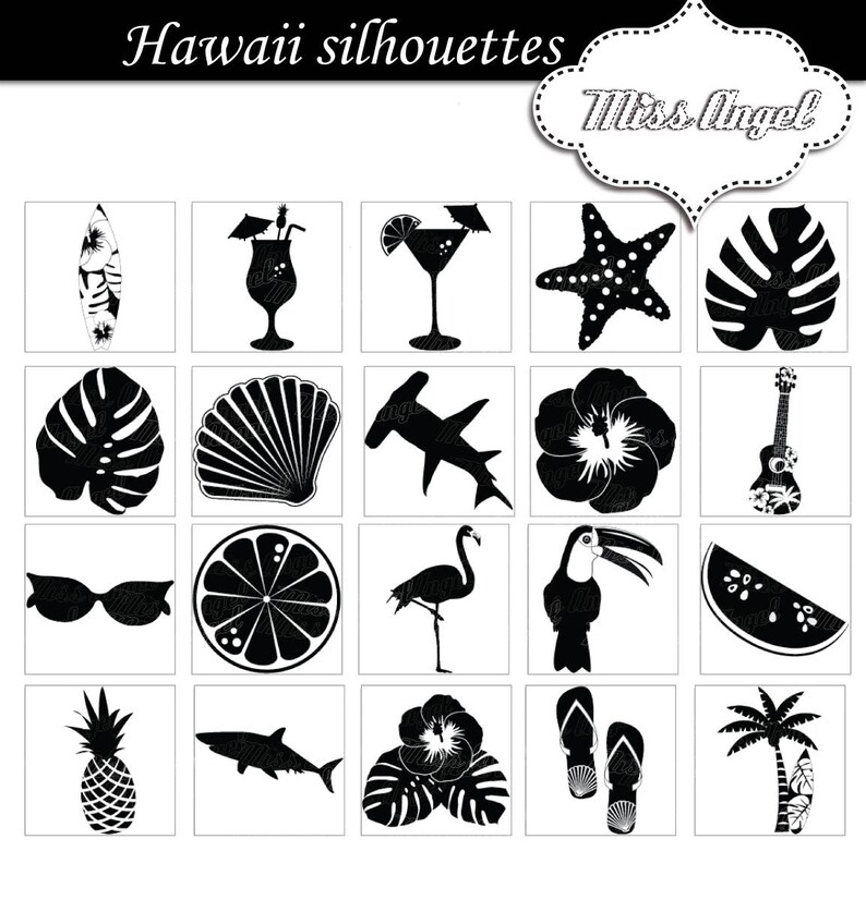 Hawaii Surf Silhouettes. Flamingo, Surfboard, Shark, Hibiscus, Monstera ...