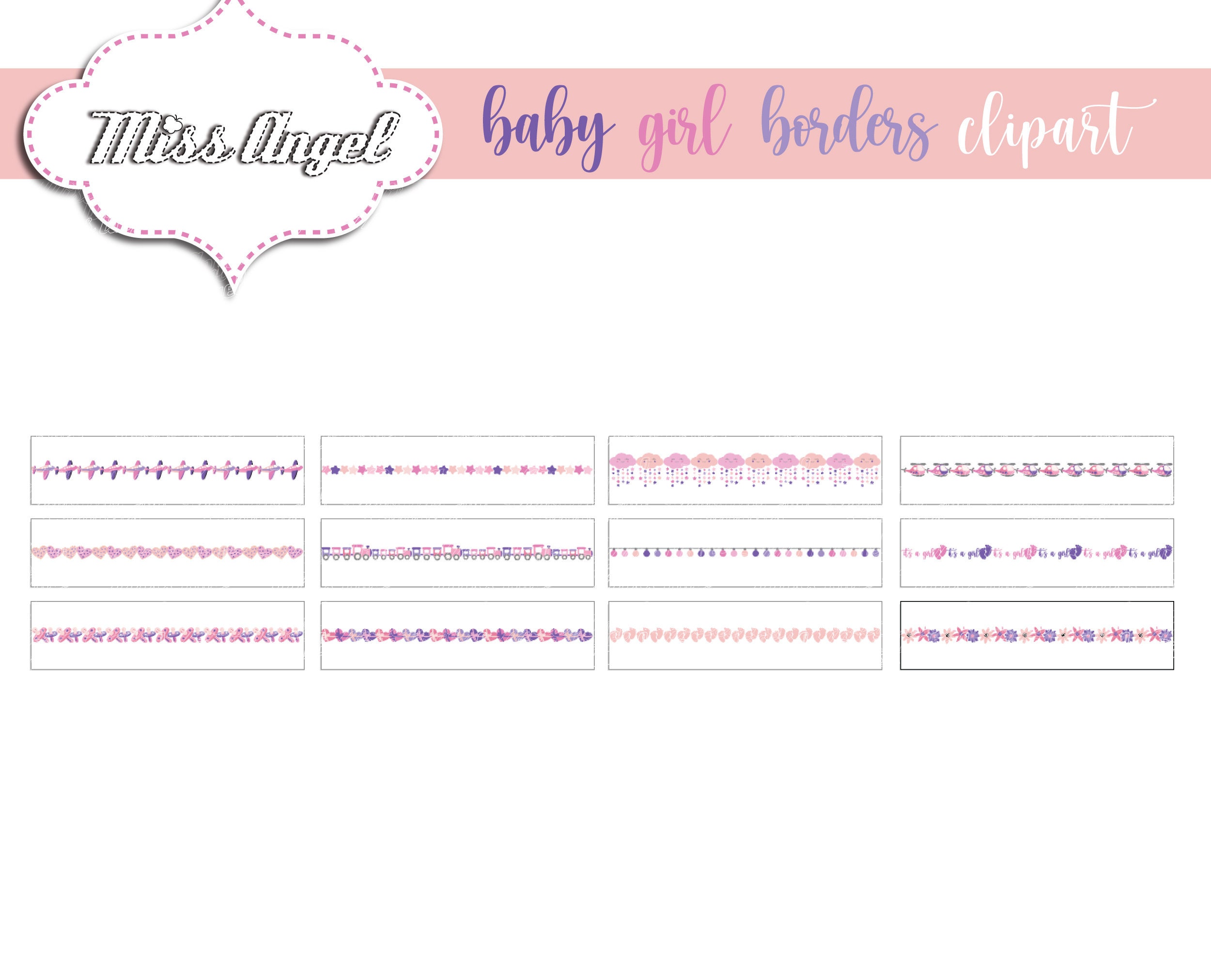Baby Girl Borders Set. Baby Girl Digital Borders, Pink Digital Ribbons ...