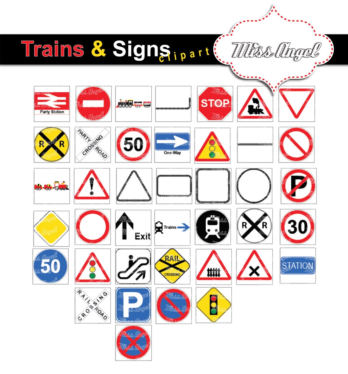 Trains and Traffic Signs Clipart. Trains Children Party Clipart. Kids ...