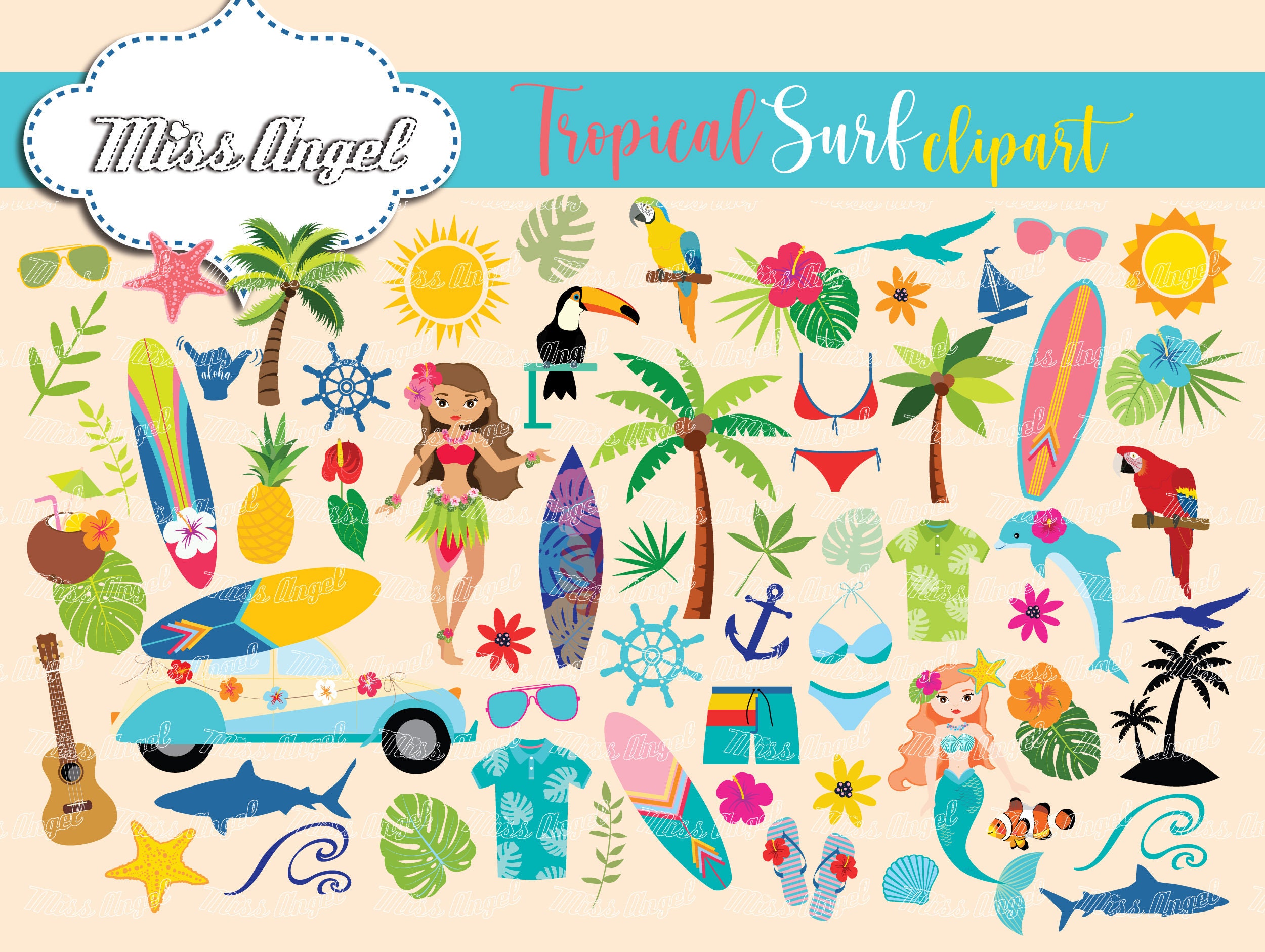 Tropical Surf Clipart Bundle. Beach Party Clipart. Small Commercial Use ...