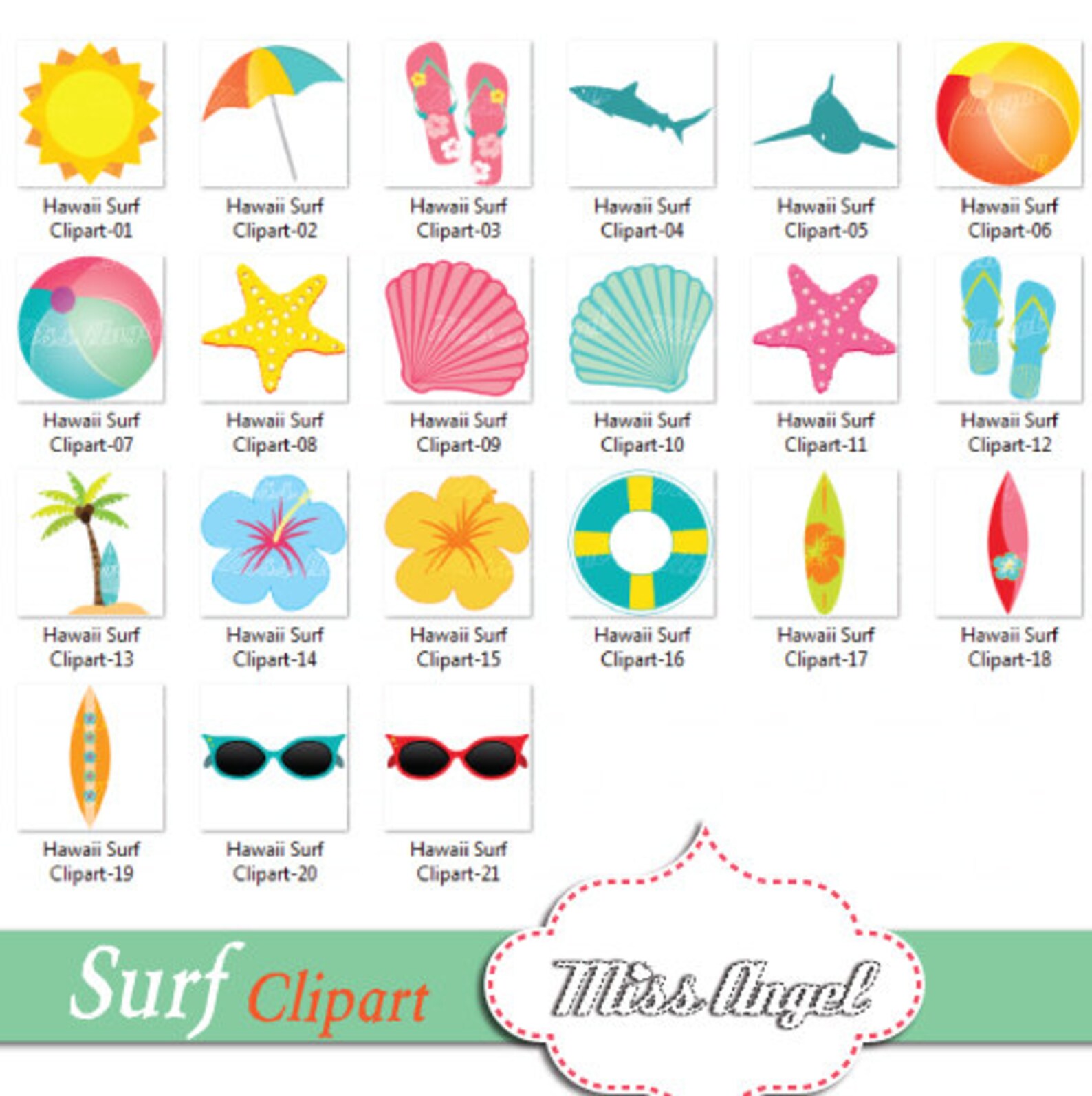 Hawaii Surf Clipart, Summer Beach Clip Art, Surfboards, Palmtree ...