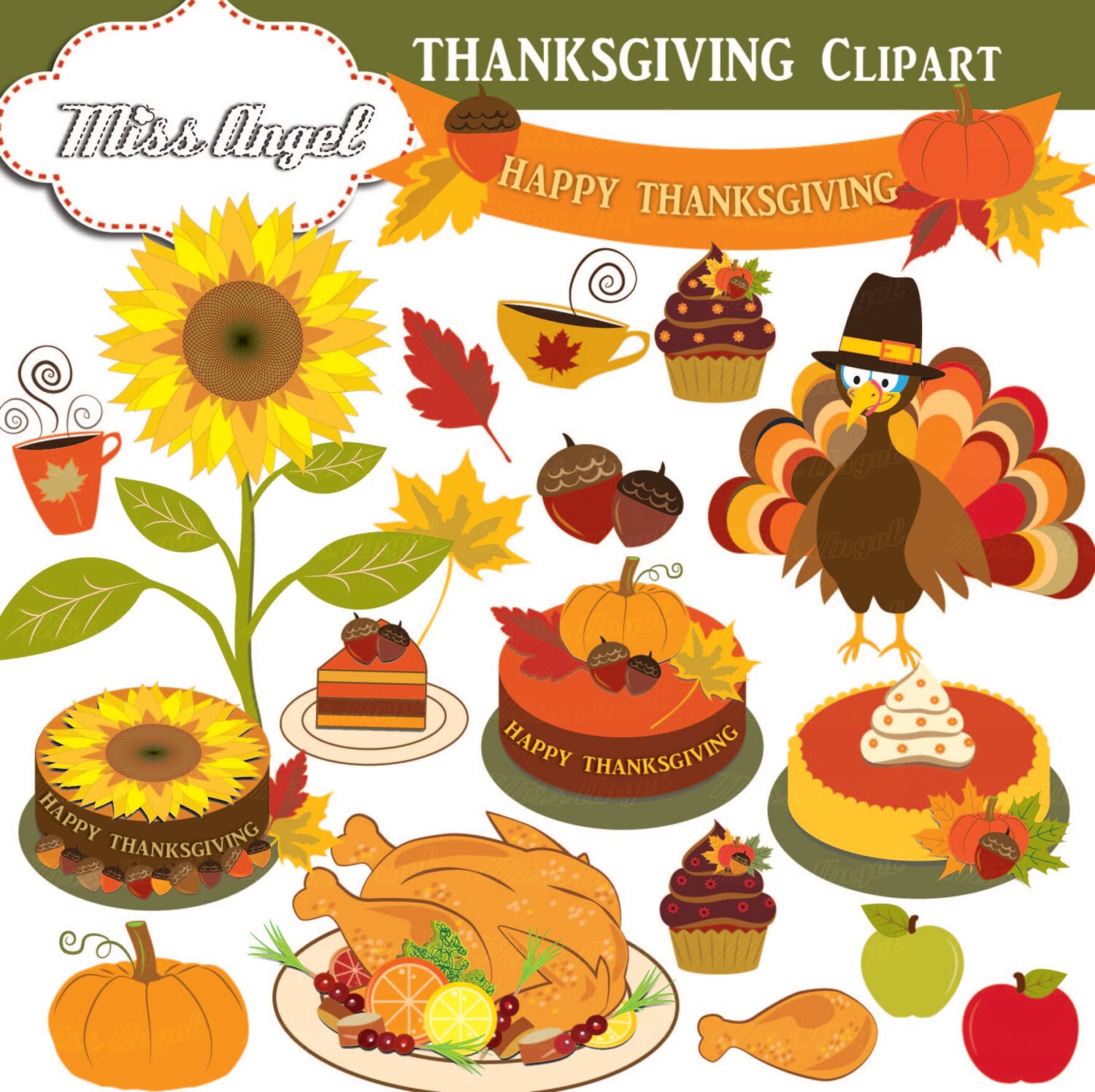 Thanksgiving Clipart. Fall Autumn Digital Thanksgiving: Apples, Turkey ...
