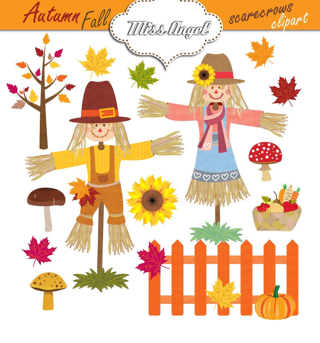 Cute Autumn Elements. Fall Clip Art. Scarecrows, Leaves, Mushrooms ...