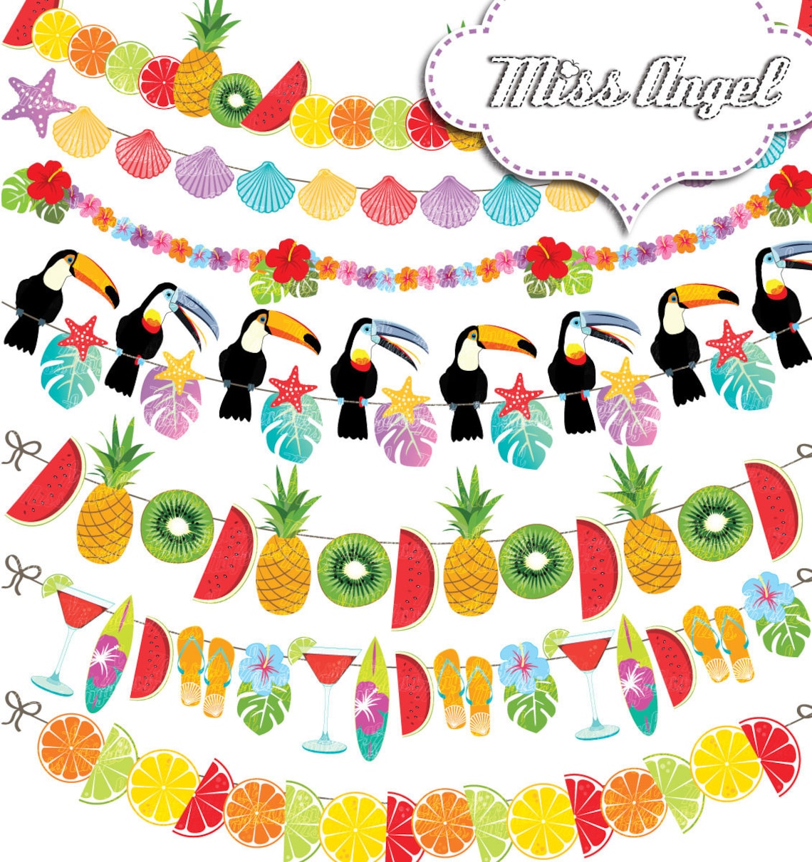 Summer Fruits Buntings Clip Art. Summer Borders, Tropical Summer ...