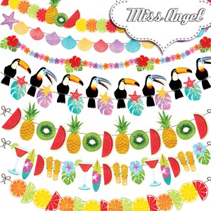 Summer Fruits Buntings Clip Art. Summer Borders, Tropical Summer ...