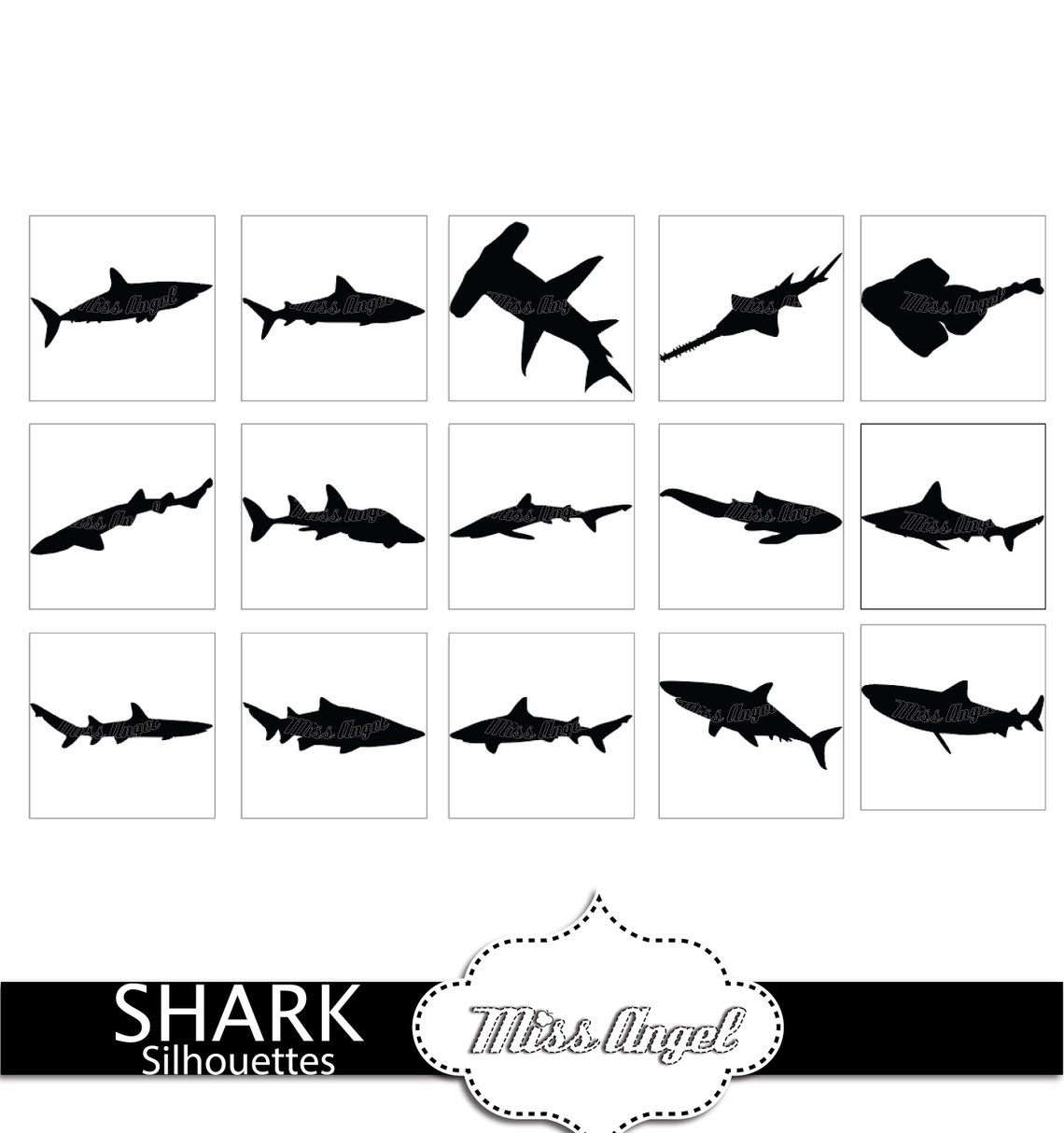 Sharks Silhouettes Clip Art. Digital Shark Silhouette. Scrapbook ...