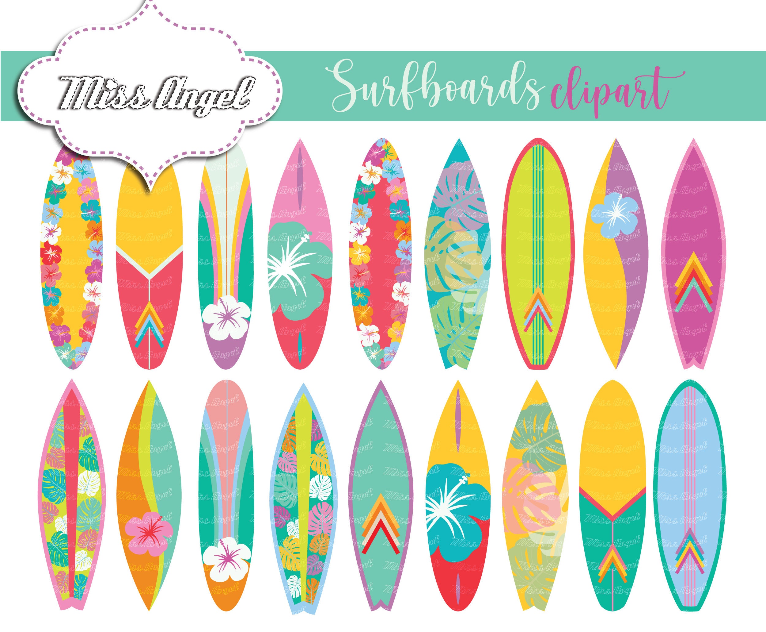 Hawaii Surfboards Clipart Set, 18 Digital Surf Boards. Beach Colorful ...