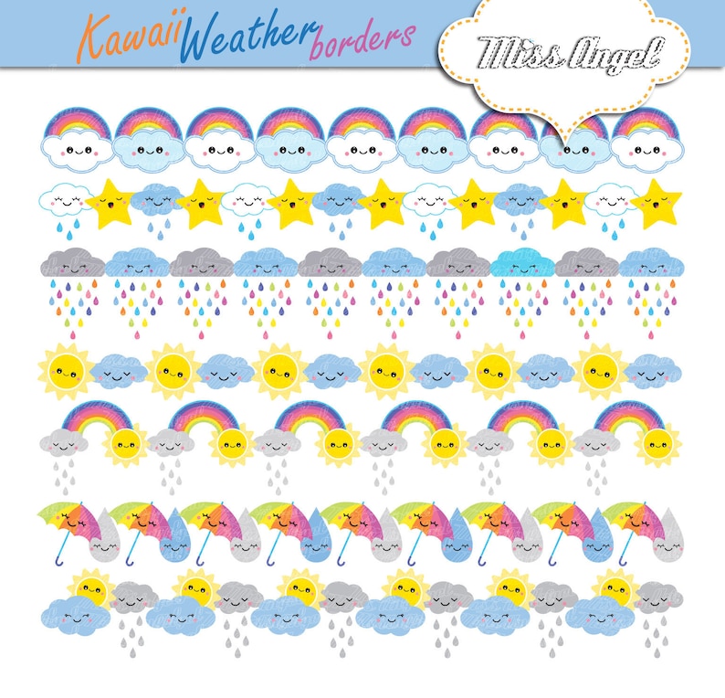Cute Weather Borders Clipart. Rainbow, Clouds, Sun, Star. Small ...
