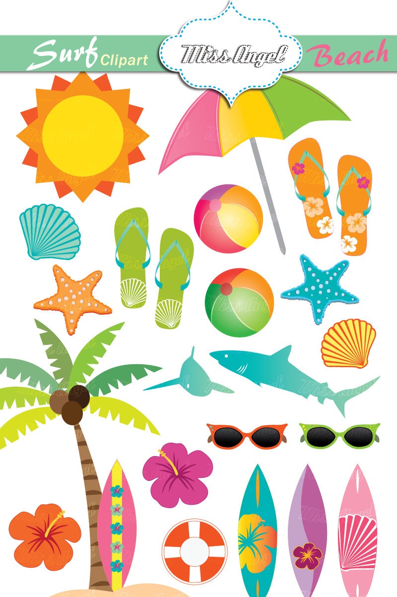 Hawaiian Surf Clipart, Summer Beach Clip Art, Surfboards, Palmtree ...