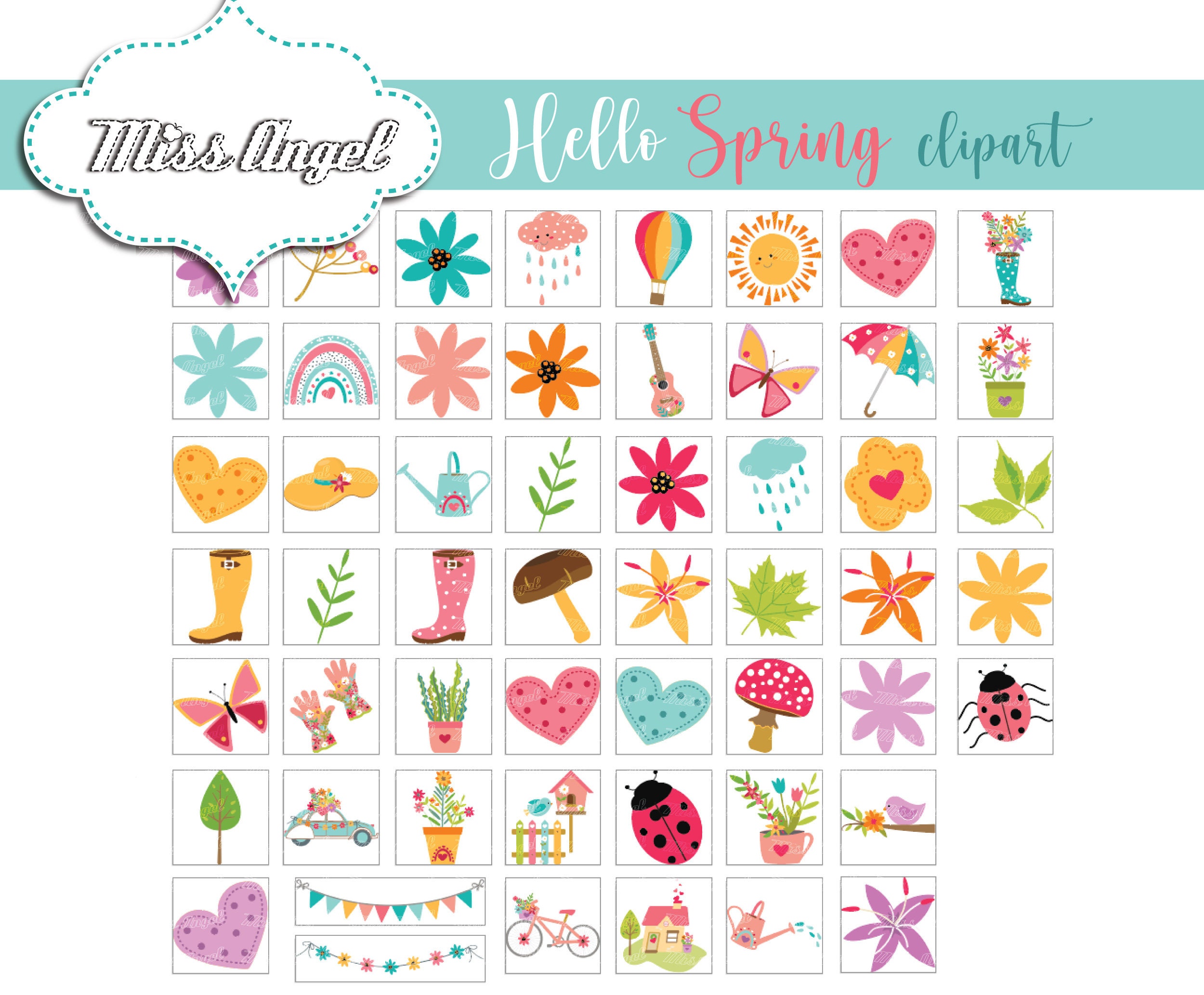 Colorful Spring Clipart Digital Set. Spring and Floral Clipart. Small ...