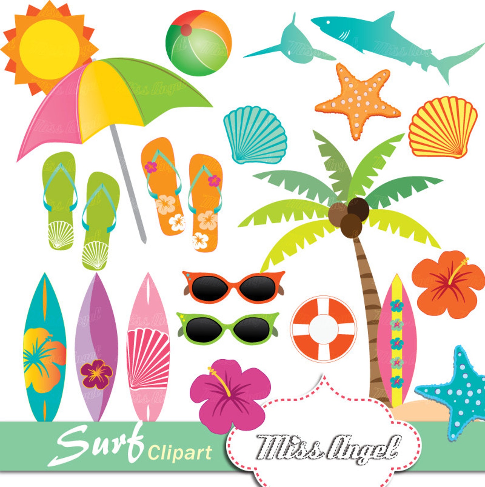 Hawaiian Surf Clipart Summer Beach Clip Art Surfboards | Etsy