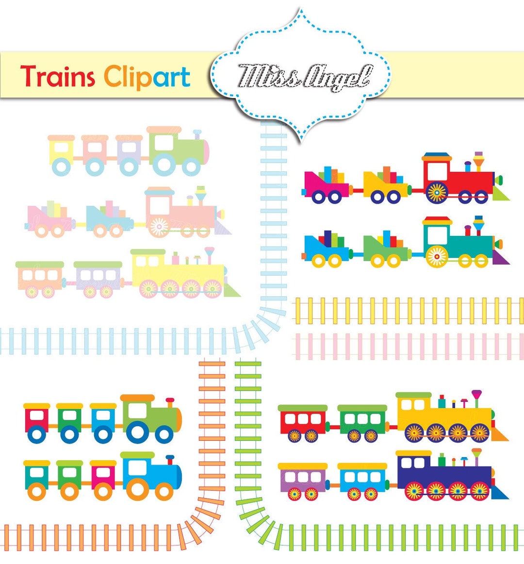 Children TRAINS CLIPART , 9 Digital Trains & 5 Rails. Baby Trains Theme ...