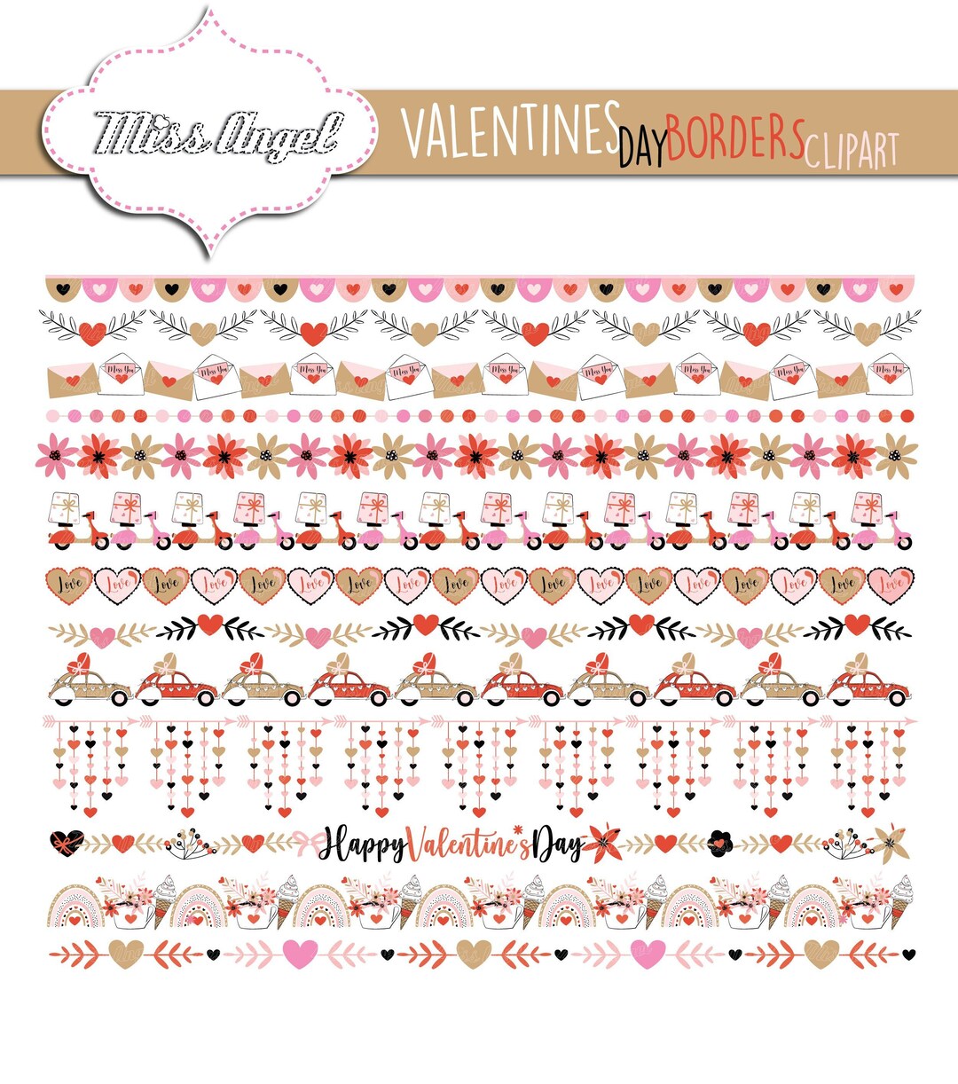 Valentine's Day Borders Clipart. Valentine's Bunting Banners. Printable ...