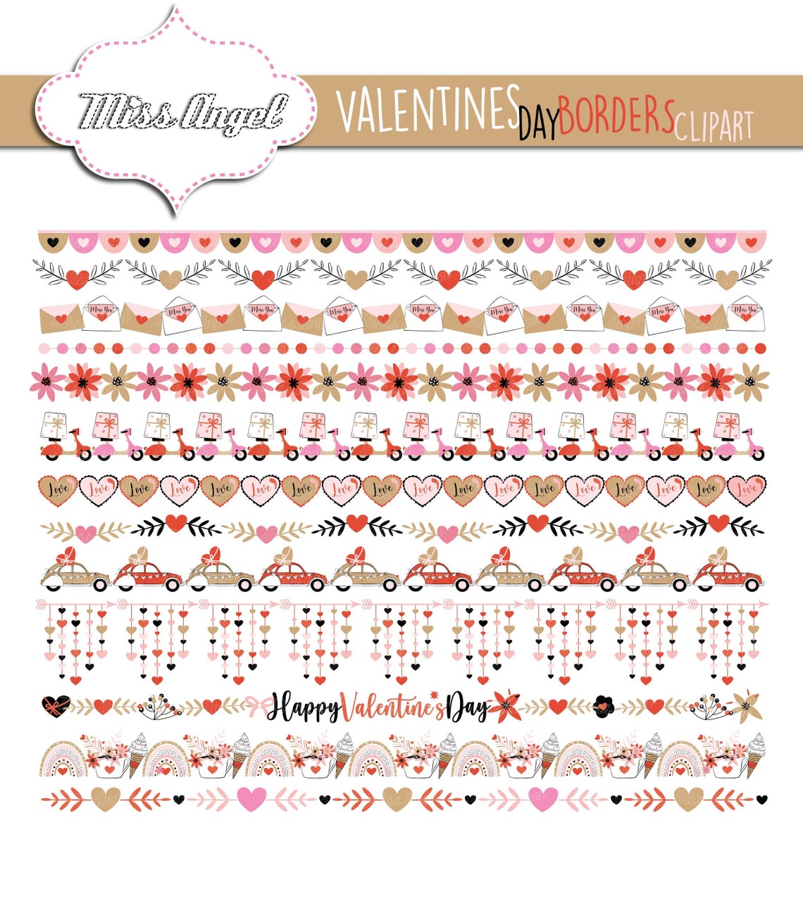 Valentine's Day Borders Clipart. Valentine's Bunting Banners. Printable ...