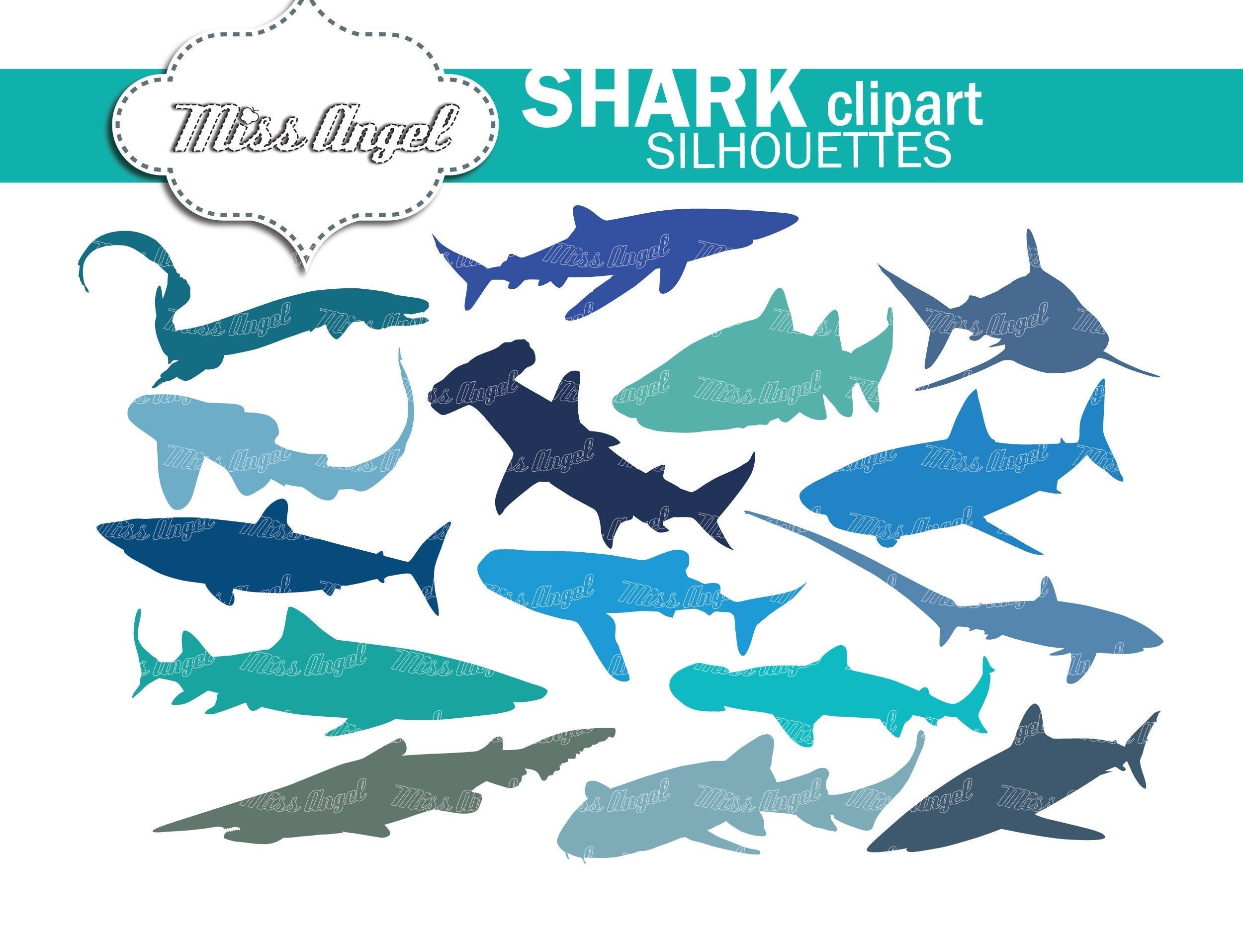 Sharks Silhouettes Clip Art. Digital Shark Silhouettes, Blue Shades ...