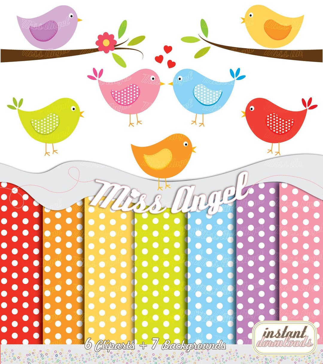 Love Birdies Clipart. Digital Polka Dots Paper Sheets. Birds and Tree ...