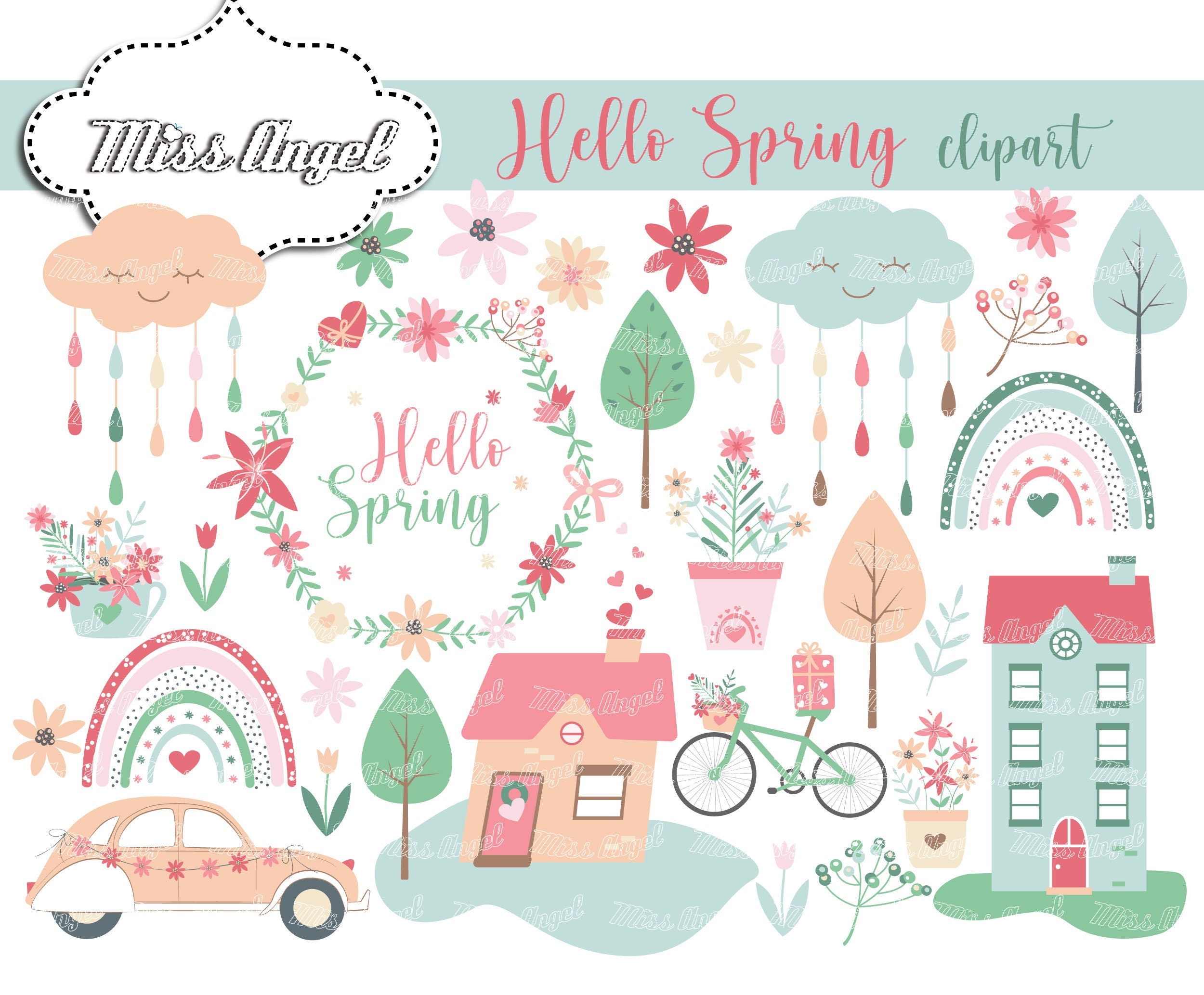 Hello Spring Clipart. Cute Rainbows, Houses, Car, Bike, Flowers, Trees ...