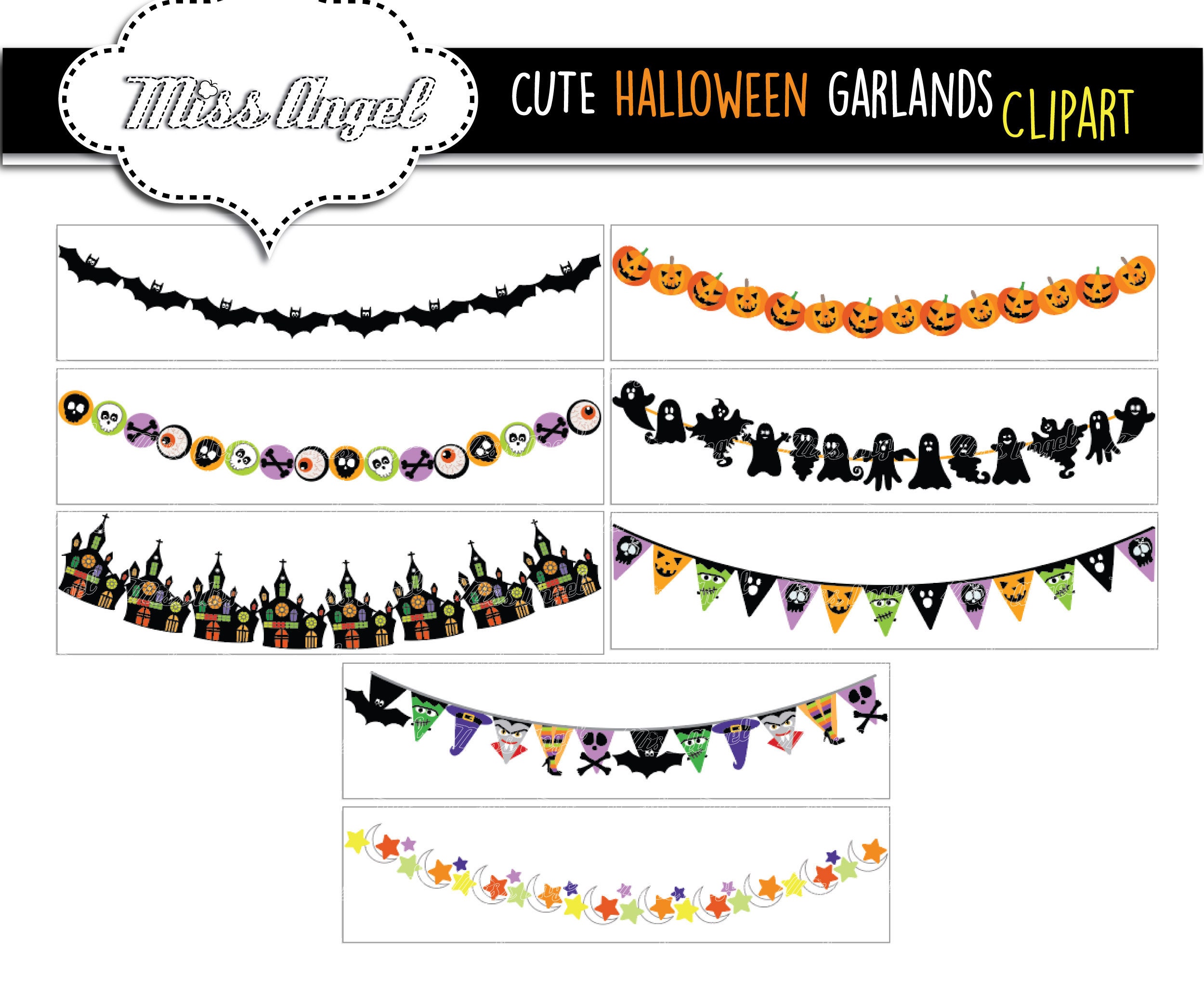 Cute Halloween Garland Clipart. Halloween Bunting Banners, Digital ...
