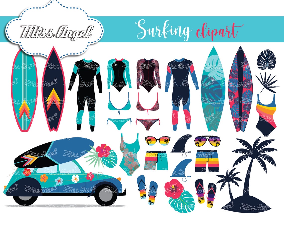 Surfing Clipart. Summer Surf Clip Art. Digital Surfboard Palm - Etsy