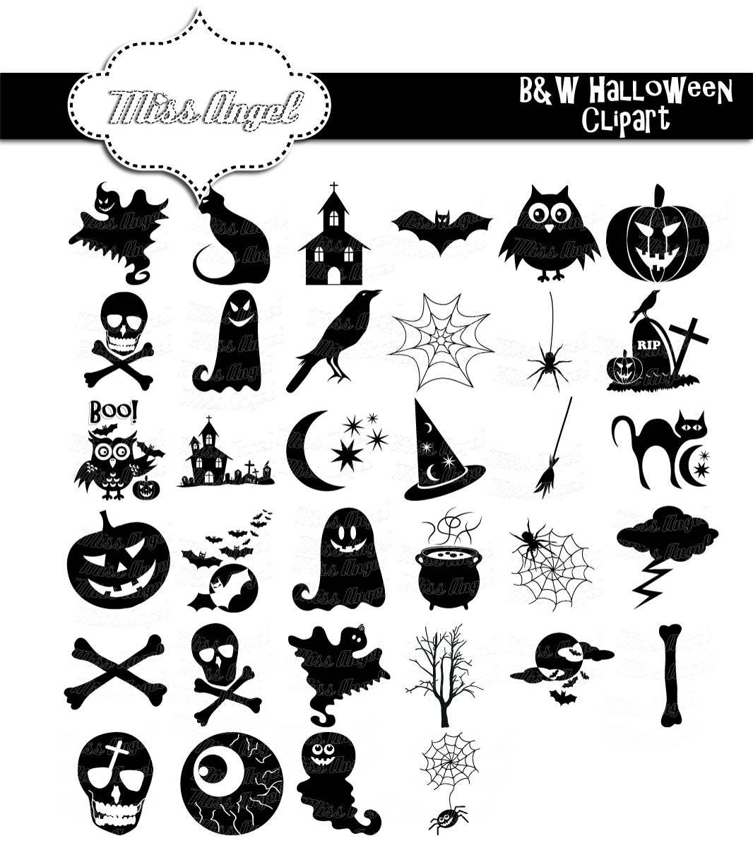 Halloween Silhouettes Clip Art. 34 Black Halloween Clipart. 6" Black ...