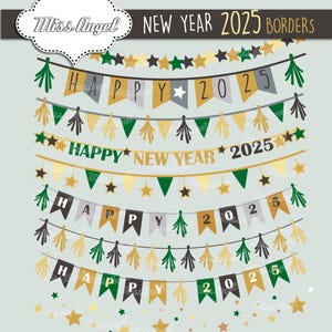 New Year Clipart Buntings. New Year's 2025 Garlands. Gold, Grey, Green ...