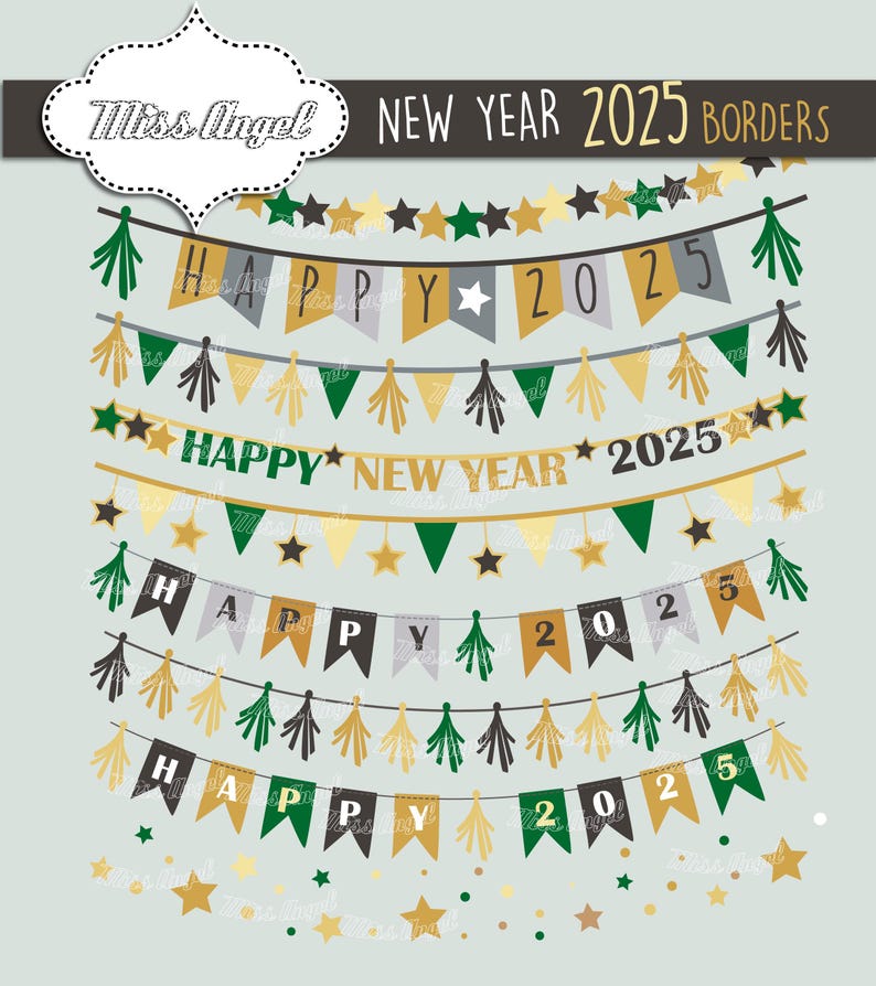 New Year Clipart Buntings. New Year's 2025 Garlands. Gold, Grey, Green ...