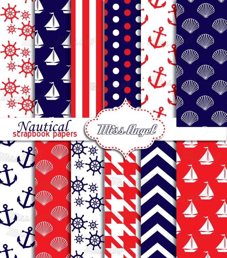 Nautical Digital Paper Sheets. 12 Nautical Navy Blue & Red Pattern. BUY ...