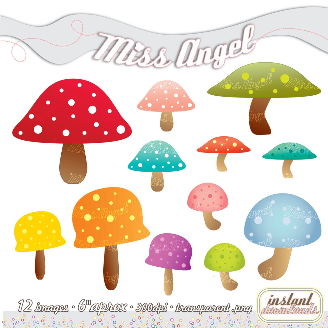 Mushrooms CLIPART SET, 12 Digital Images, Sweet Happy Mushrooms Clipart ...