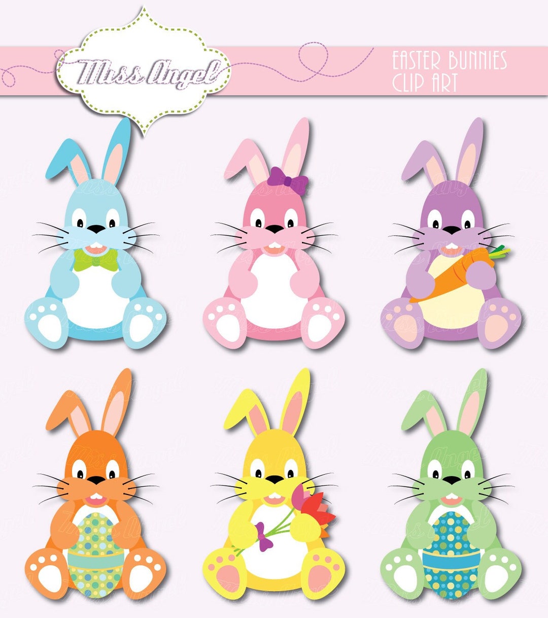 Sweet Easter Bunnies Clip Art. 6 Rabbits 6". Colorful Bunny With Egg ...