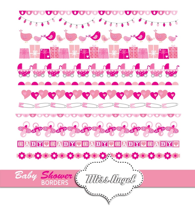 Baby Girl Bunting Banners. Pink Borders Baby Girl, Digital Ribbons ...