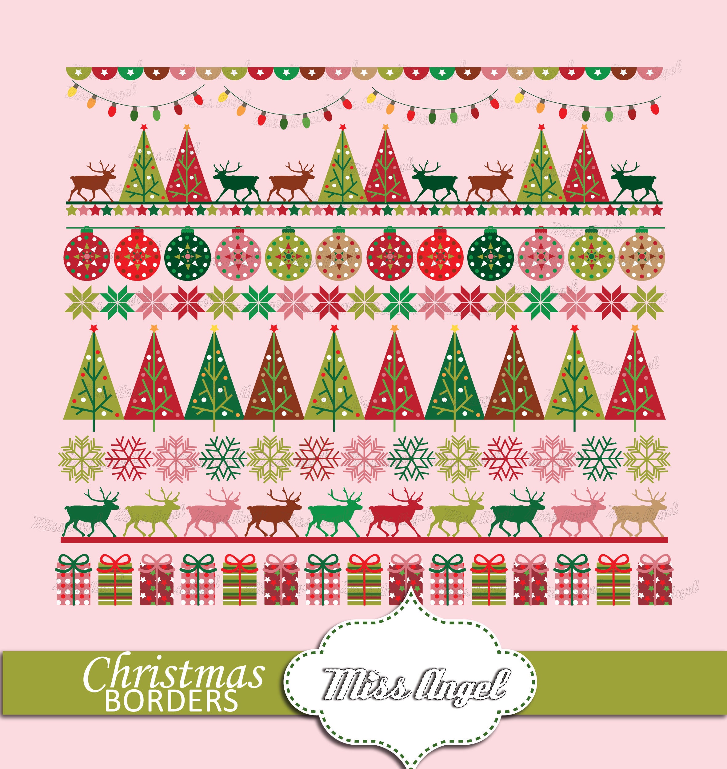 Christmas Borders Clipart, Red Green Pink. Small Commercial Use ...