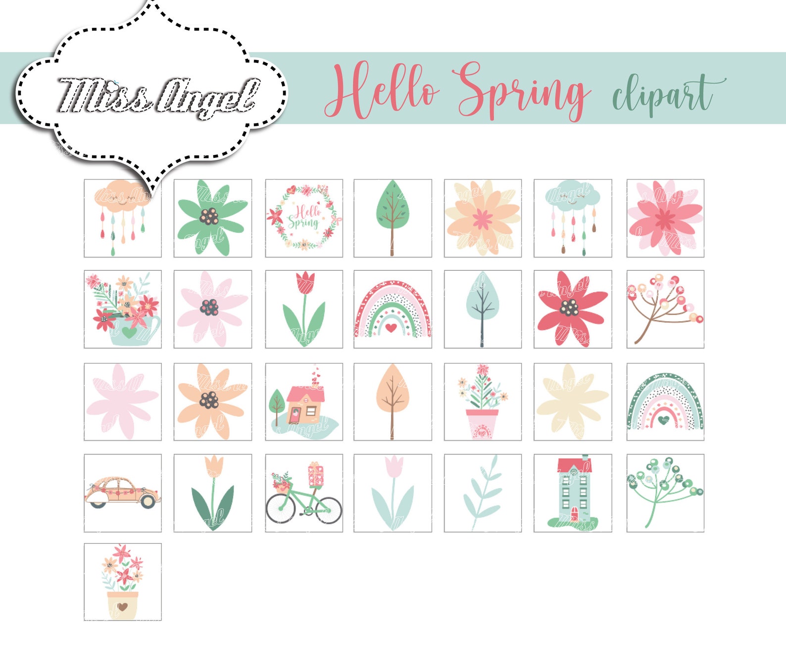 Hello Spring Clipart. Cute Rainbows, Houses, Car, Bike, Flowers, Trees ...