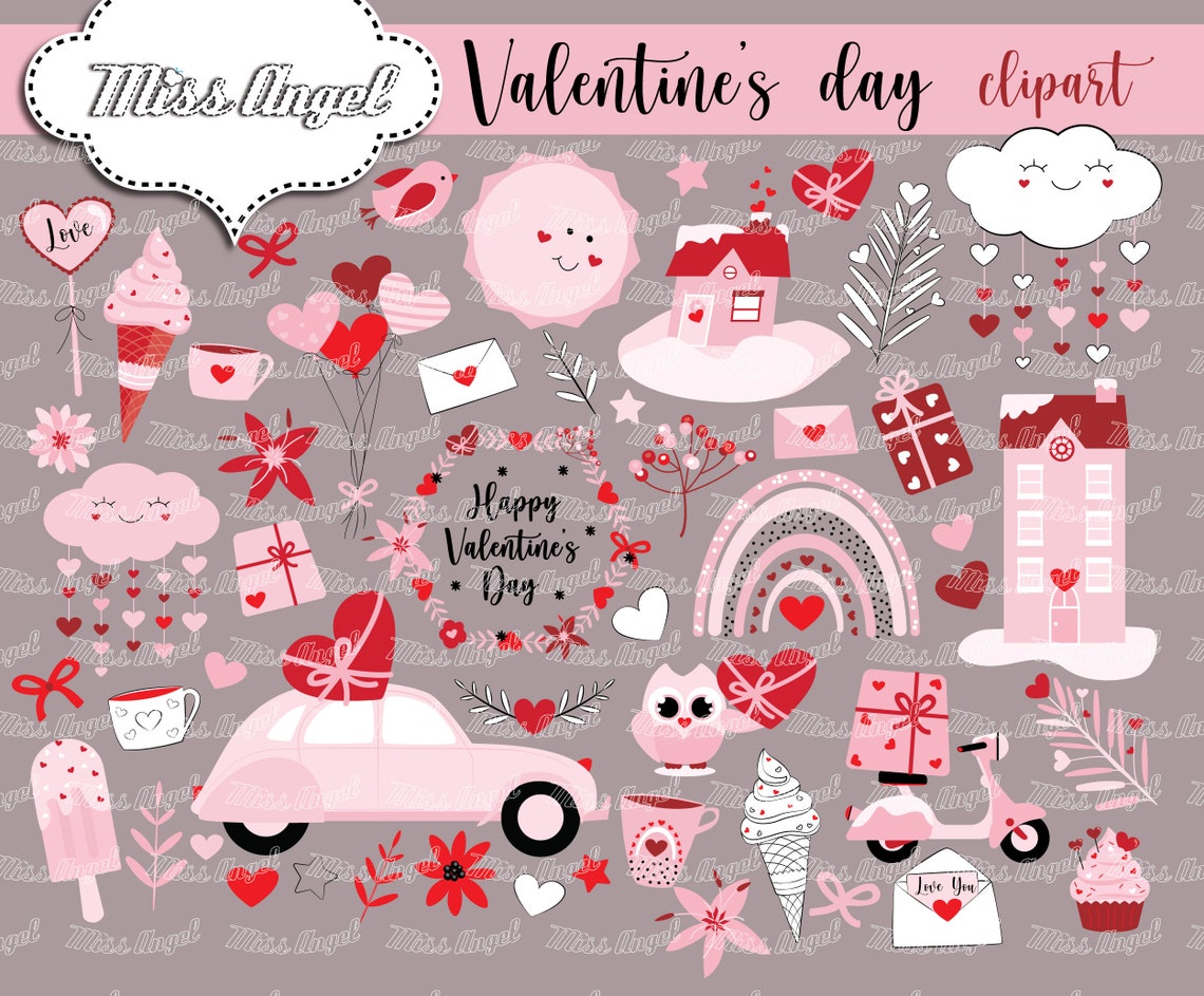 Valentines Day Clipart. Valentine Clipart Bundle. Pink Red Hearts ...