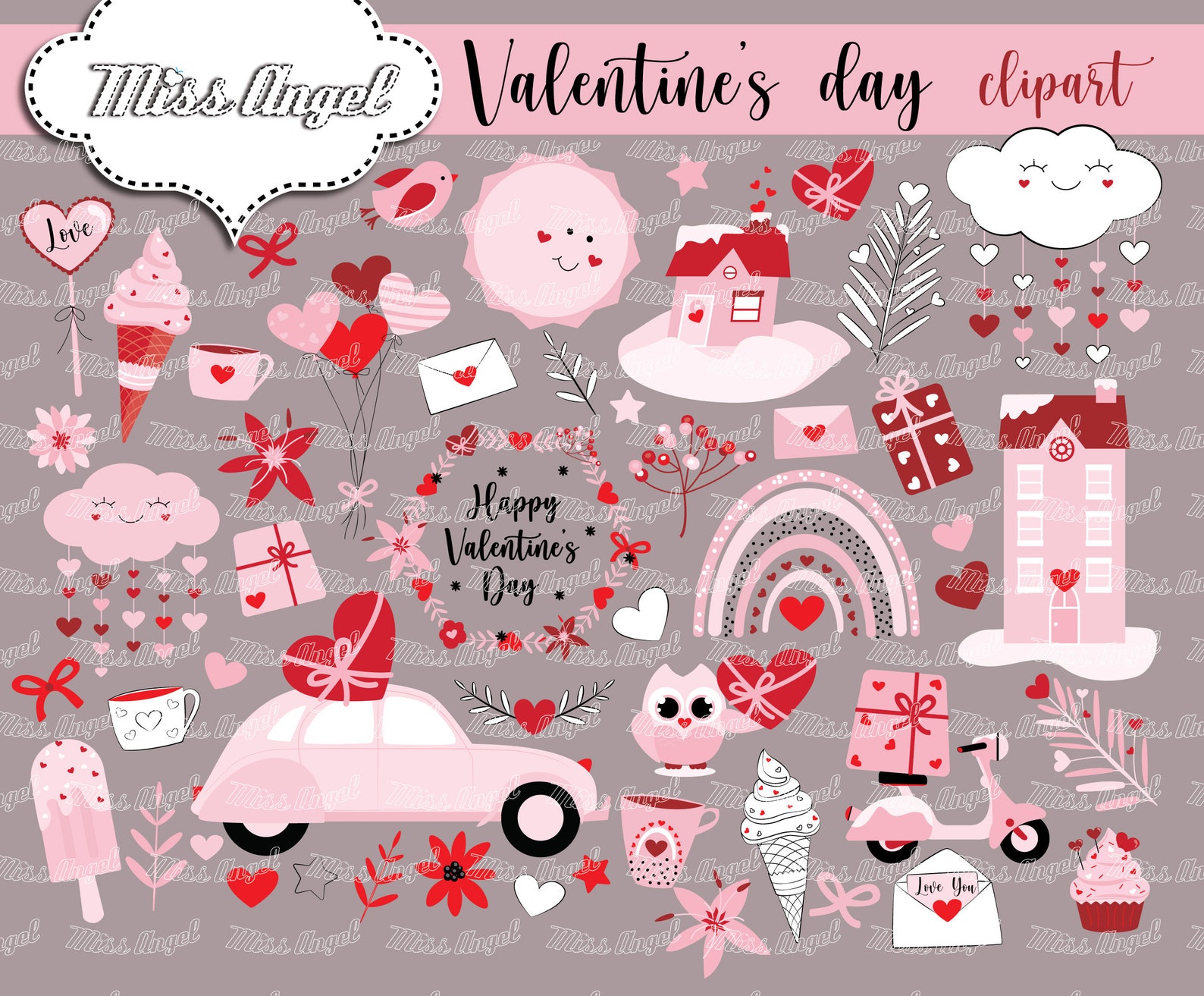 Valentines Day Clipart. Valentine Clipart Bundle. Pink Red Hearts ...