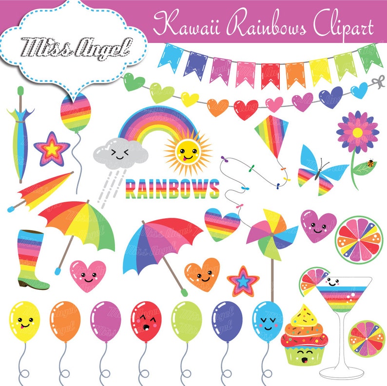 Rainbow World Clipart Set. Digital Clipart. 32 Kawaii - Etsy