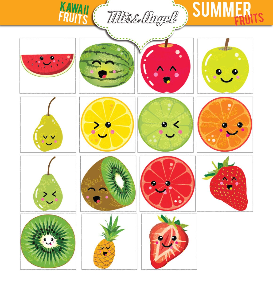 Cute Fruits Digital Clipart. Kawaii Summer Fruits. Smiling Fruits ...