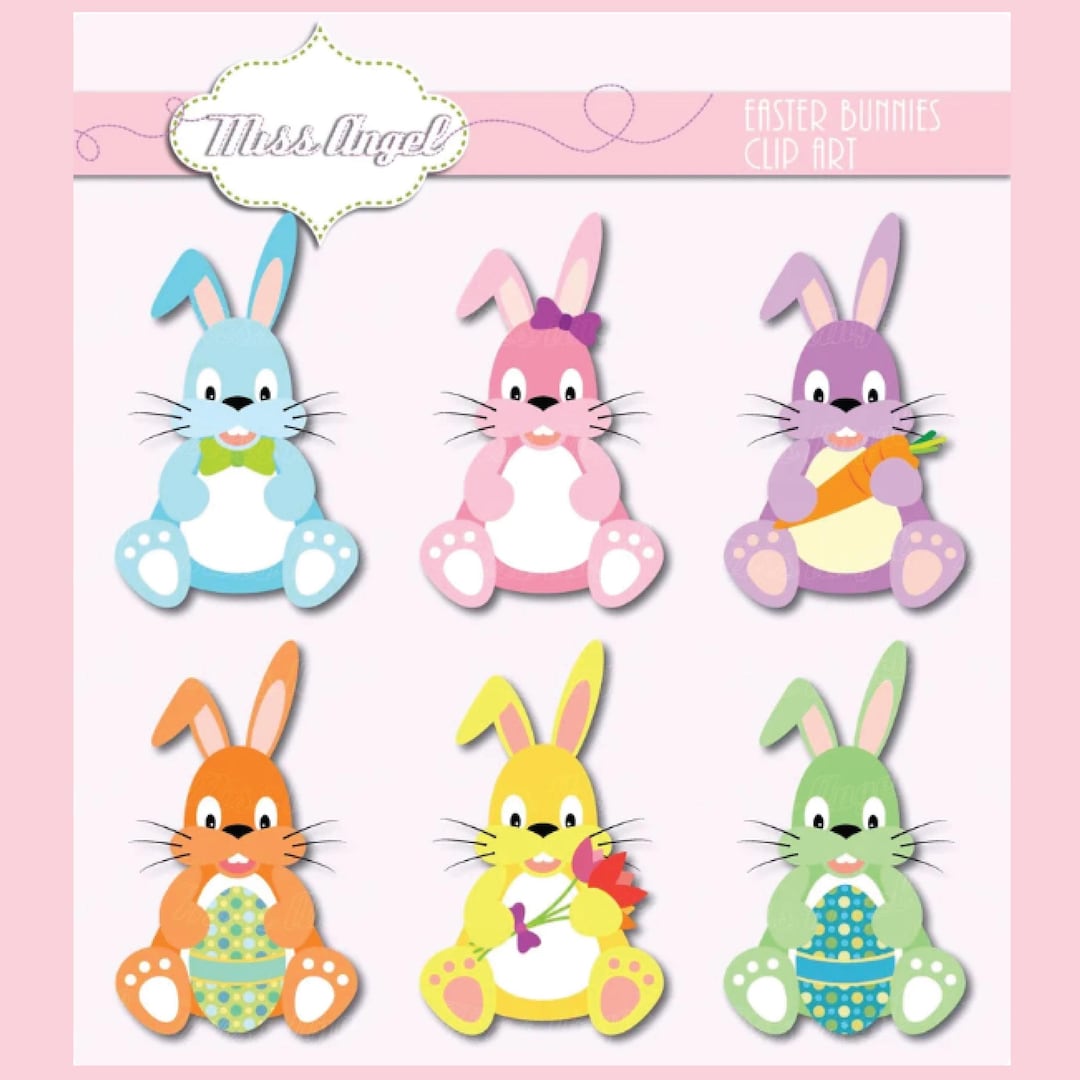 Sweet Easter Bunnies Clip Art. 6 Rabbits 6". Colorful Bunny With Egg ...