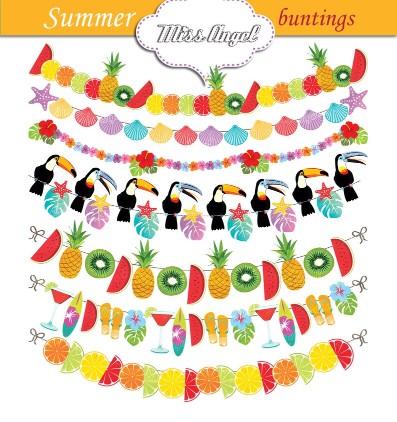 Summer Fruits Buntings Clip Art. Summer Borders, Tropical Summer ...