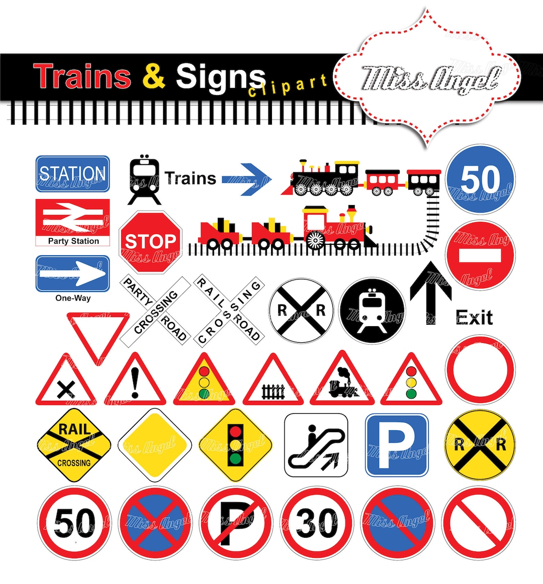 Trains and Traffic Signs Clipart. Trains Children Party Clipart. Kids ...