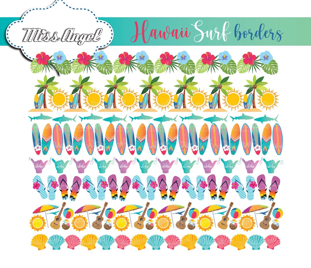 Hawaii Surf Borders Clipart. Summer Digital Ribbons, Tropical Surf ...